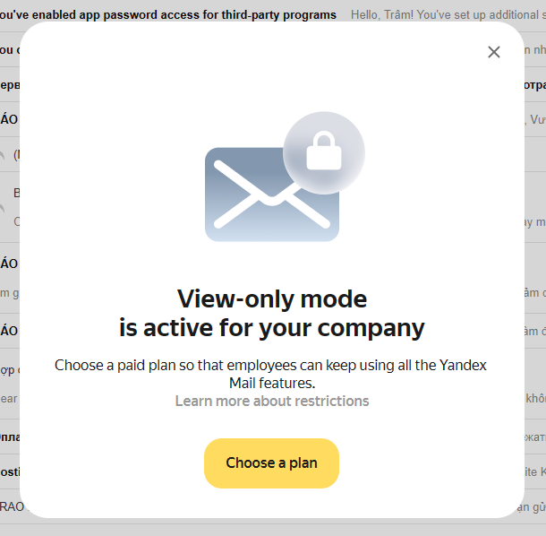 Yandex Mail lỗi View-only mode is active for your company